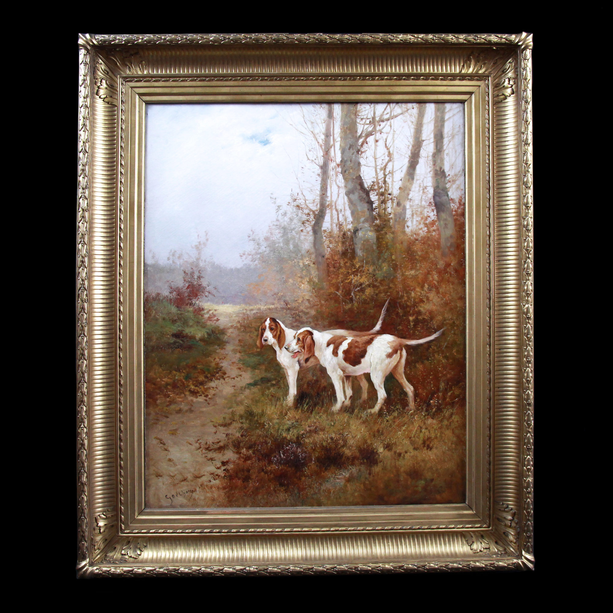 Hunting scene depicting two pointer hunting dogs ,oil on canvas